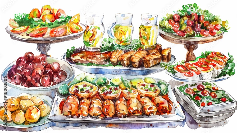 Buffet dinner with a variety of options,Clipart, watercolor ...