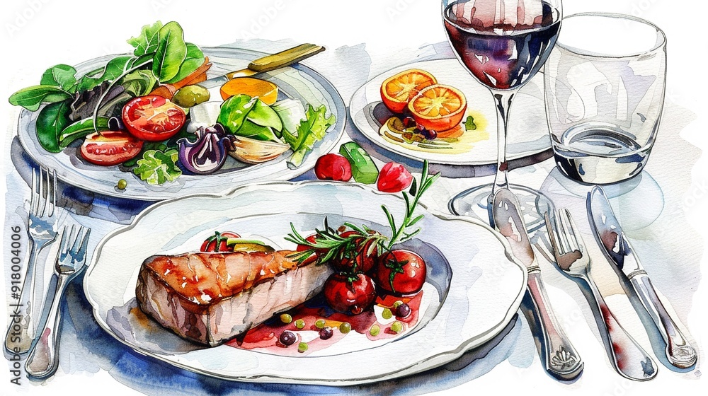 Fine dining restaurant dinner with elegant dishes,Clipart, watercolor ...