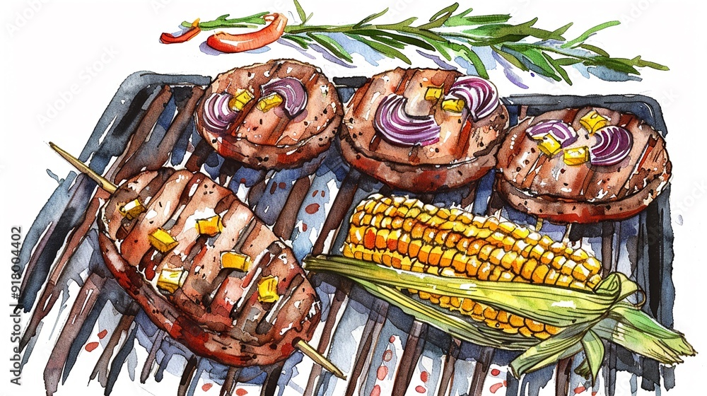 Summer barbecue dinner with grilled corn and burgers,Clipart ...