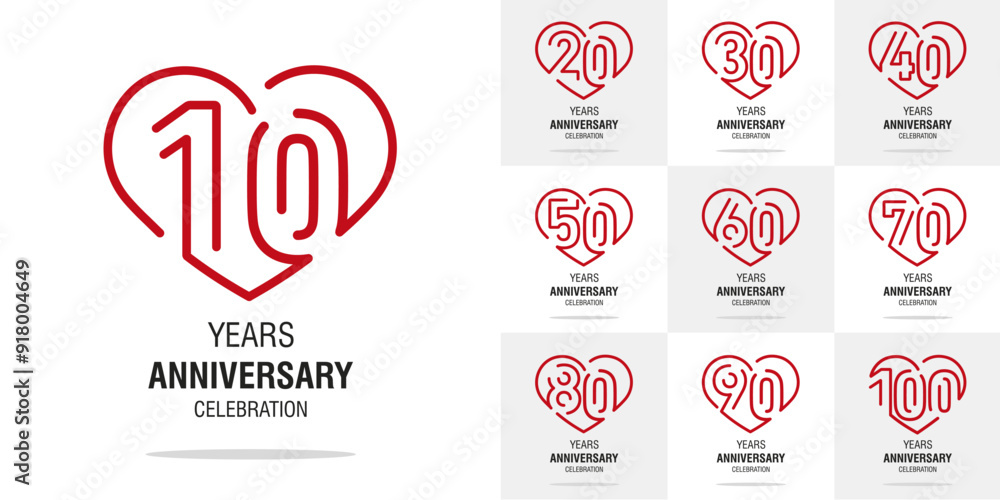 Set of Anniversary decades vector creative design. Red line art heart ...