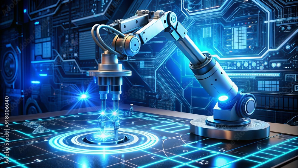 Innovative robotic arm with glowing blue circuits and wires, surrounded ...