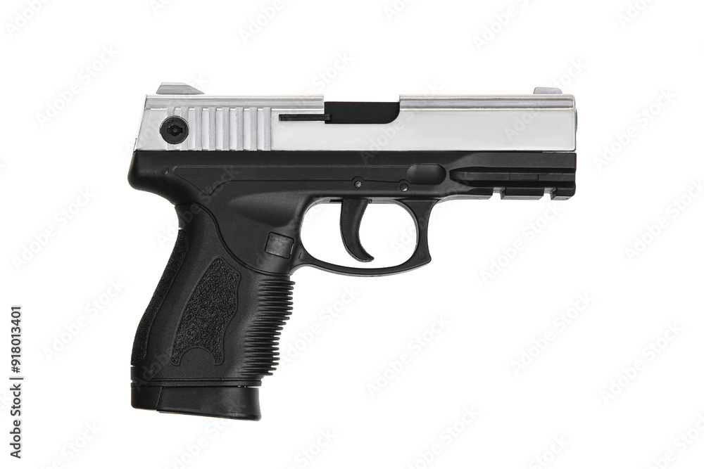 Modern silver semi-automatic pistol. A short-barreled weapon for self ...