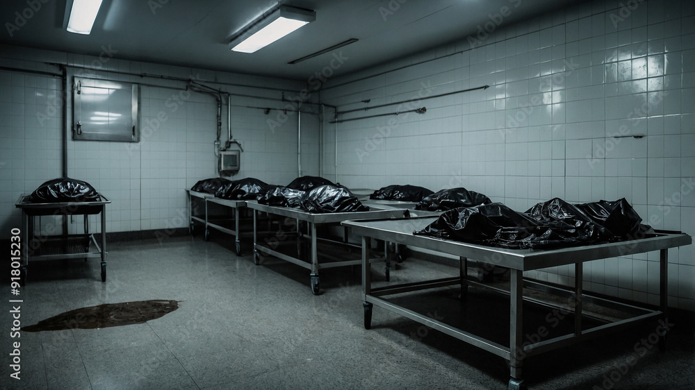 Dimly lit morgue with six morgue tables, each with a black body bag ...