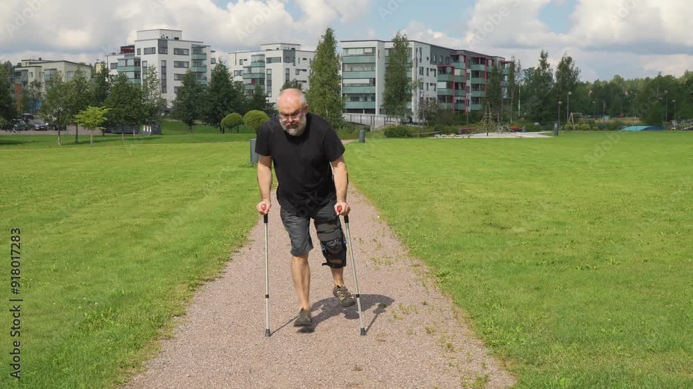 Mature man with bondage, medical splint, knee brace on the leg walking ...