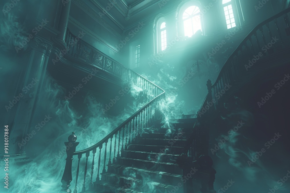 Mysterious Foggy Stairs in Abandoned Mansion With Eerie Light Streaming ...