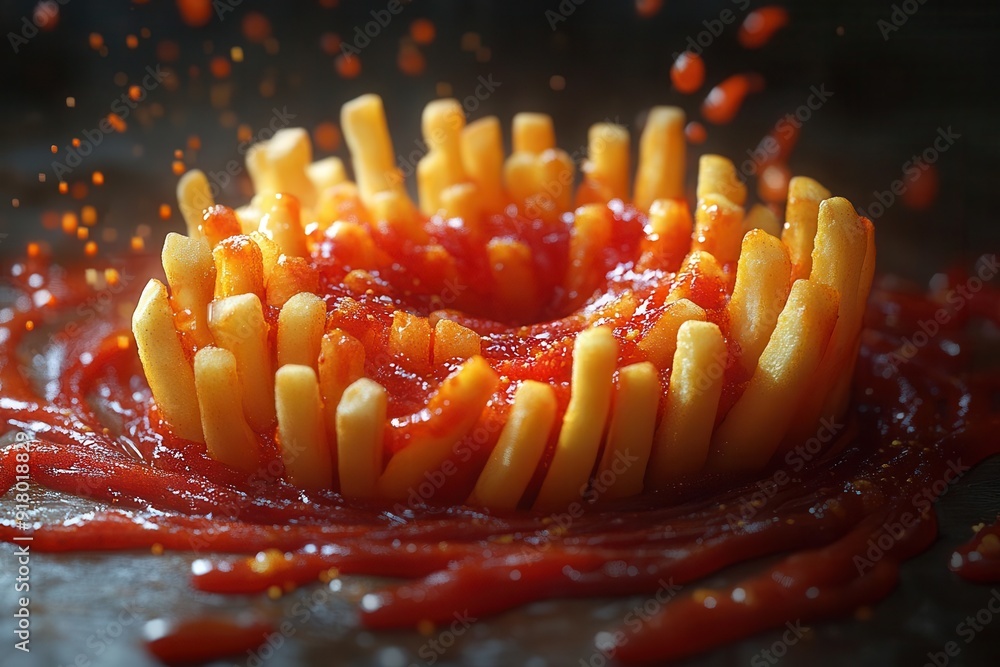 levitating gourmet fries arranged in a fibonacci spiral each fry ...