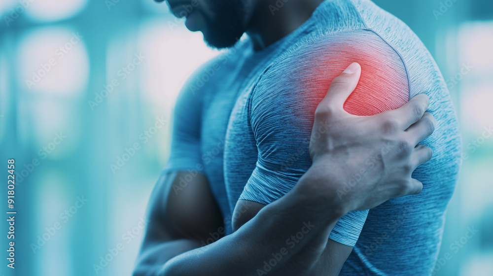A fitness athlete holding his shoulder in pain, with a red area ...