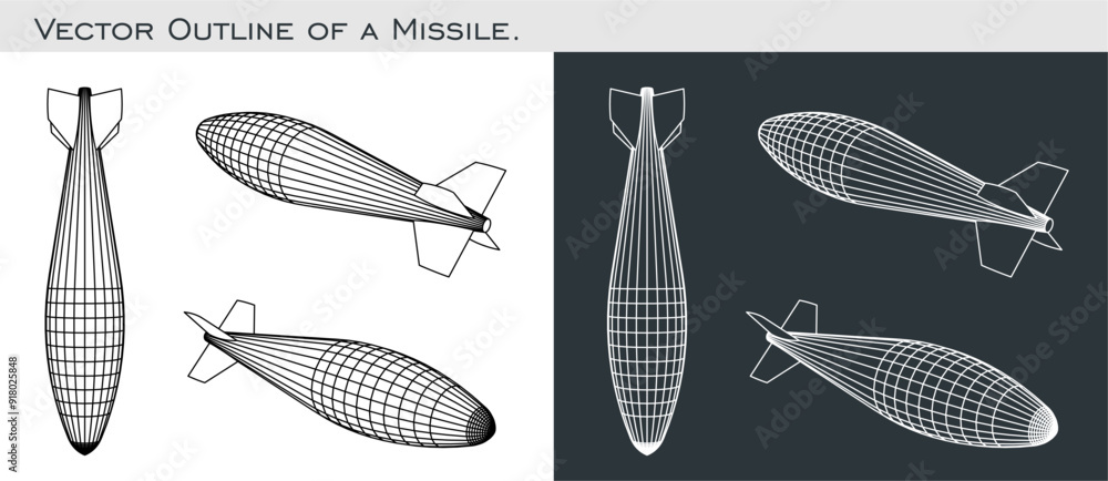 Vector missiles blueprint wirefreame line with various positions ...