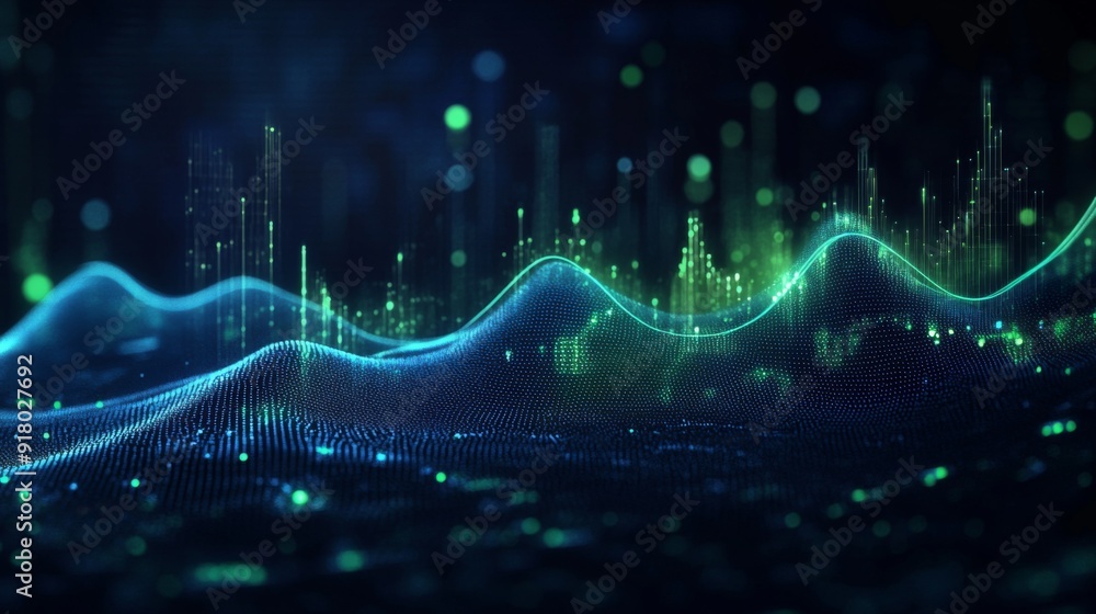 A digital financial graph showing upward trends in blue and green lines ...