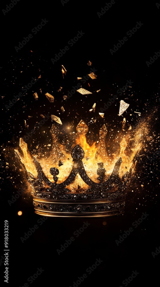 Shattered Golden Royal Queen's Crown Amidst an Explosive Fiery Background, Symbolizing the Rise ...