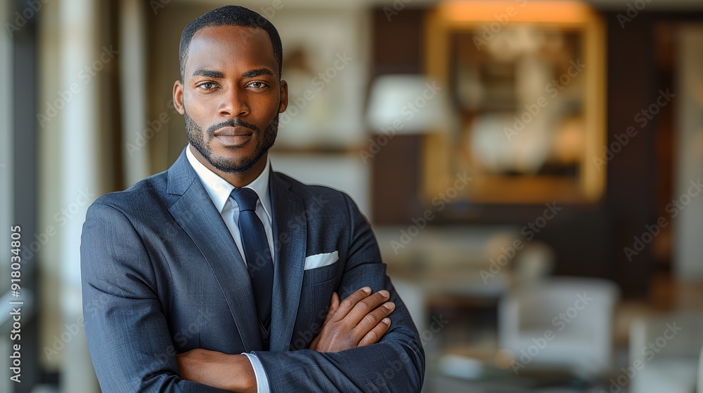 Professional man in formal wear poses confidently in an upscale office ...