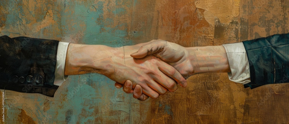 Handshake, one in black suit, the other in green, knuckles and fingers ...