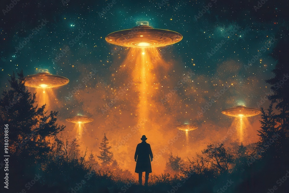 retrostyle illustration of man silhouetted against night sky watching ...