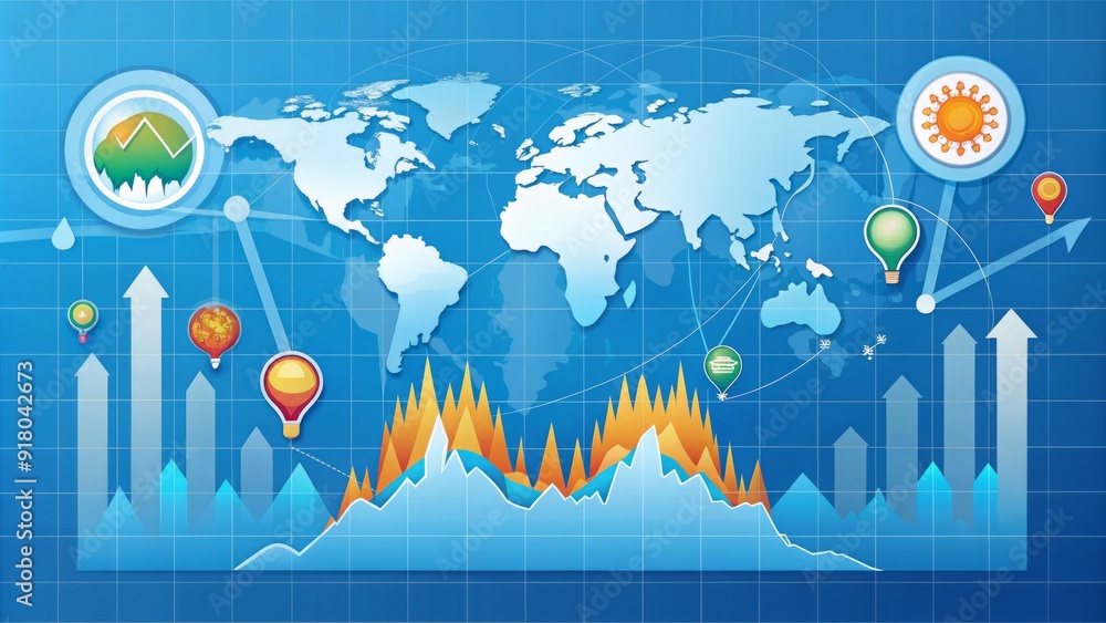 Illustrated climate change infographic with icons and graphs showing ...
