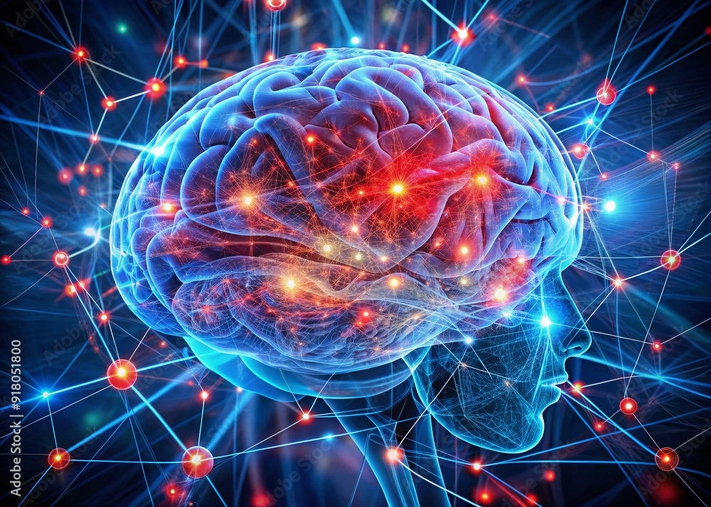 Illustrated X-ray image of the human brain with vibrant blue and red vectors highlighting neural ...