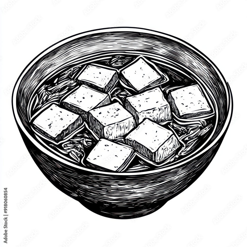 Black and white Vintage engraved art of a bowl of miso soup with tofu ...