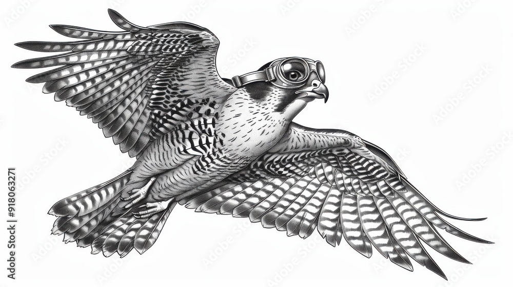 Black and white Vintage engraved art of a falcon wearing speed glasses ...