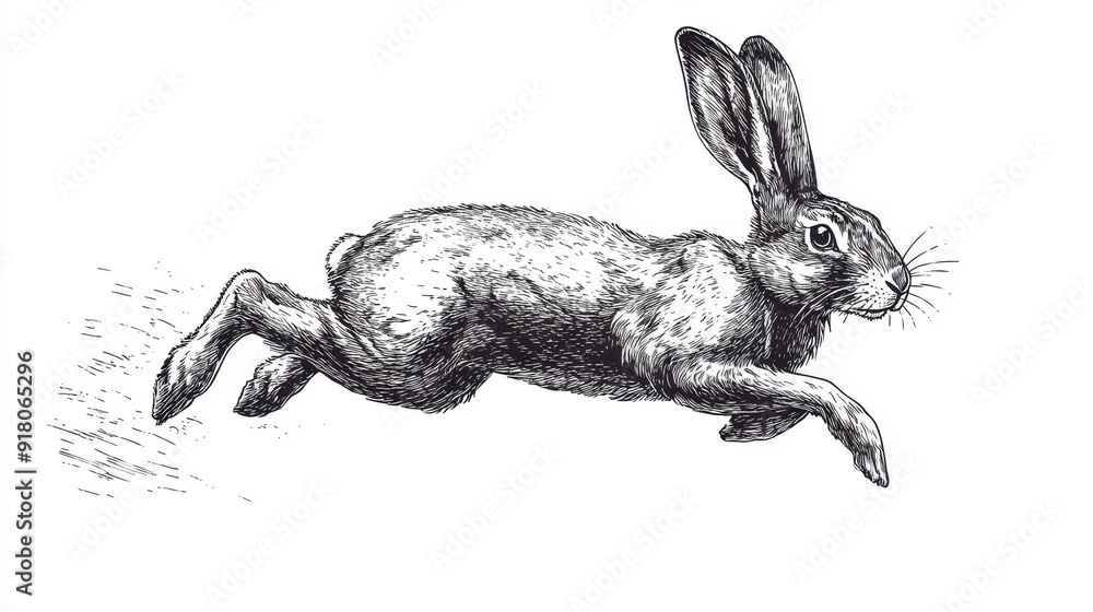 Black and white Vintage engraved art of a jackrabbit leaping sideways ...