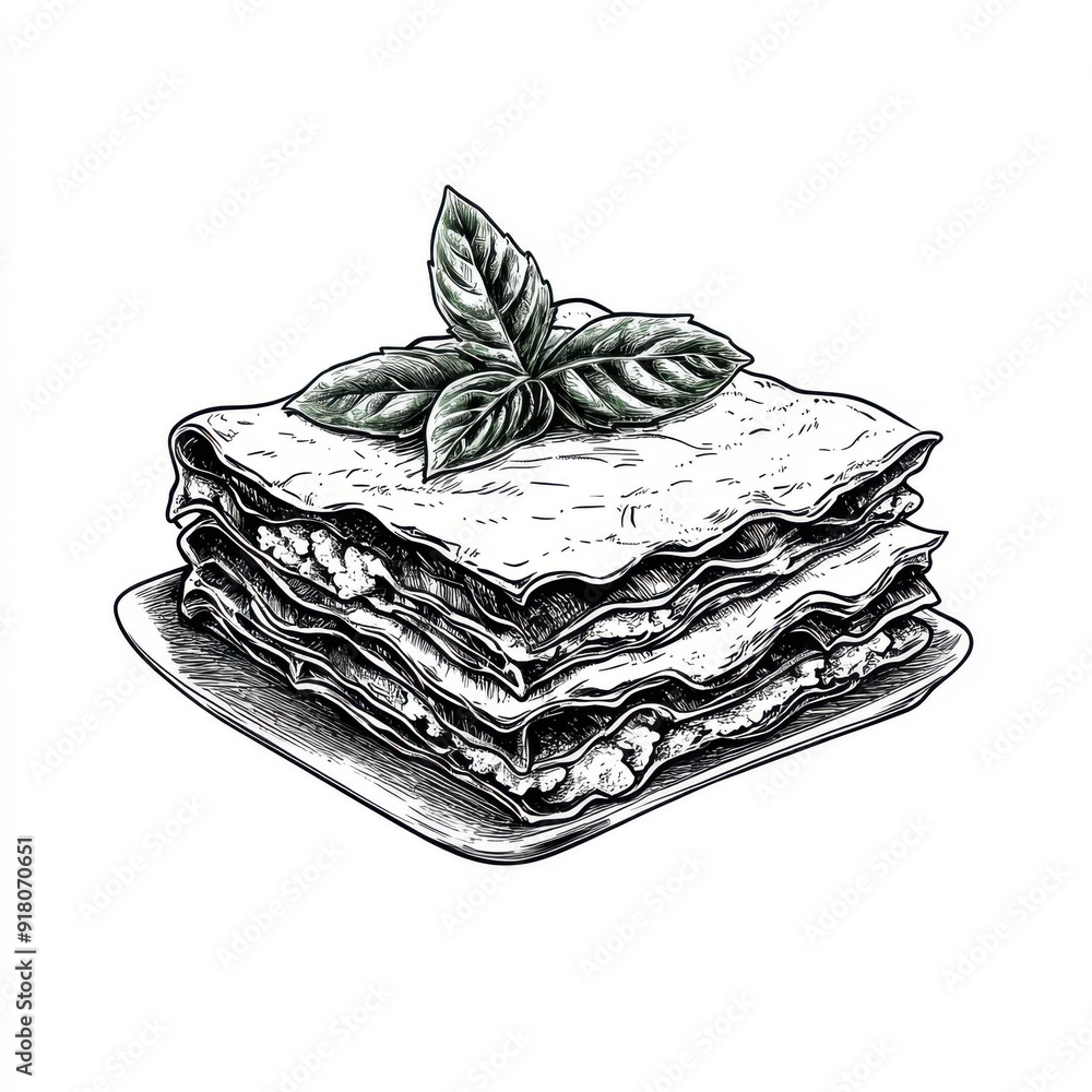 Black and white Vintage engraved art of a slice of vegetable lasagna ...