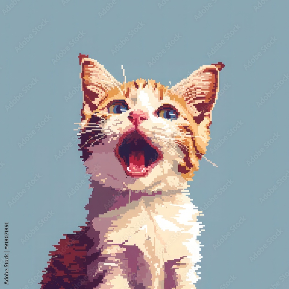 Pixel art of an adorable kitten looking up with curiosity. The ...