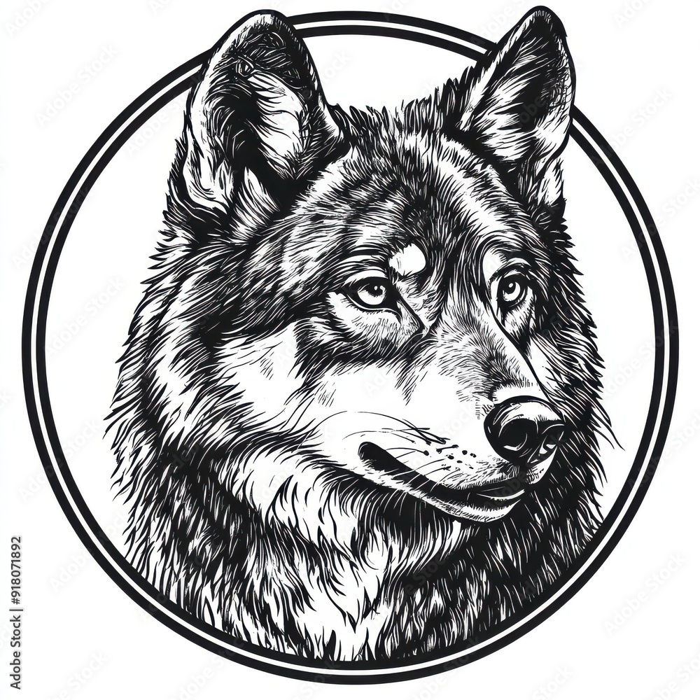Black and white Vintage engraved art of a timber wolf in a circular ...