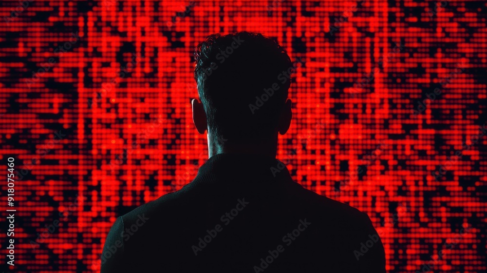 Hacker is shadowy silhouette with a glitchy background, spyware code ...