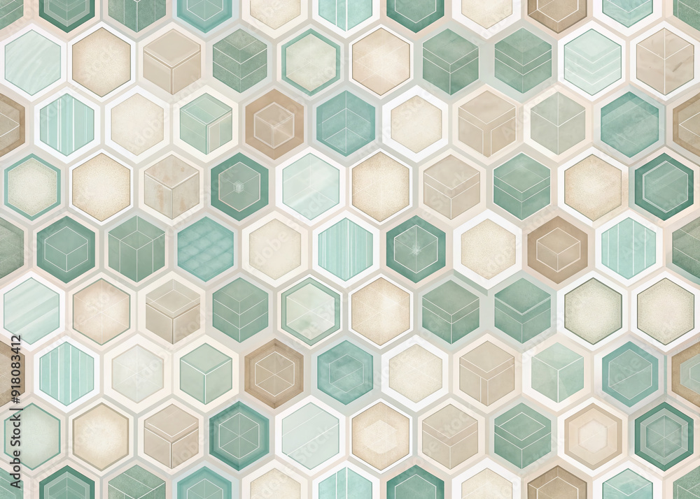 Repeating pattern of interlocking hexagons in soothing colors and subtle textures, creating a ...