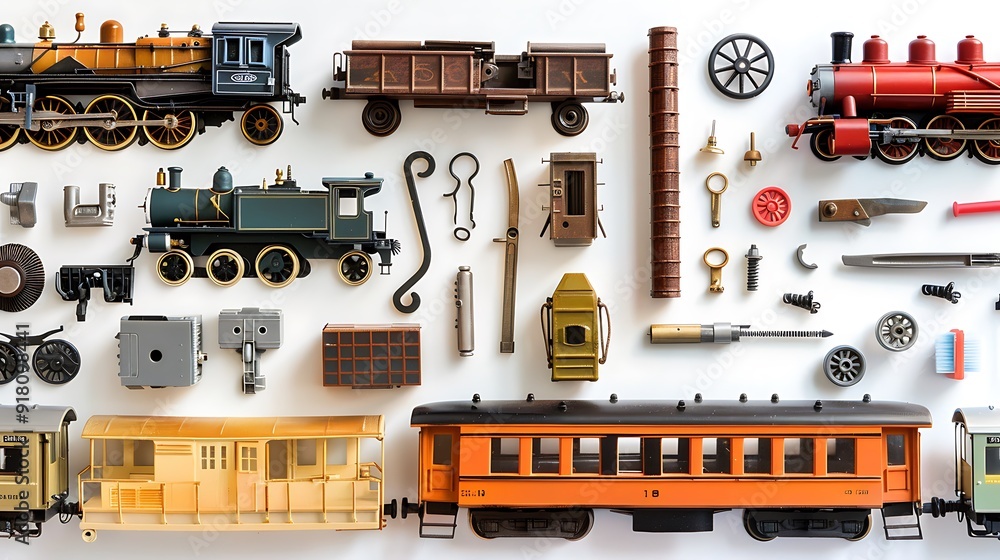 A collection of various model train parts and accessories on a white ...