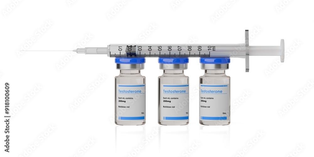 Testosterone steroid vials with syringe laying on top on white ...