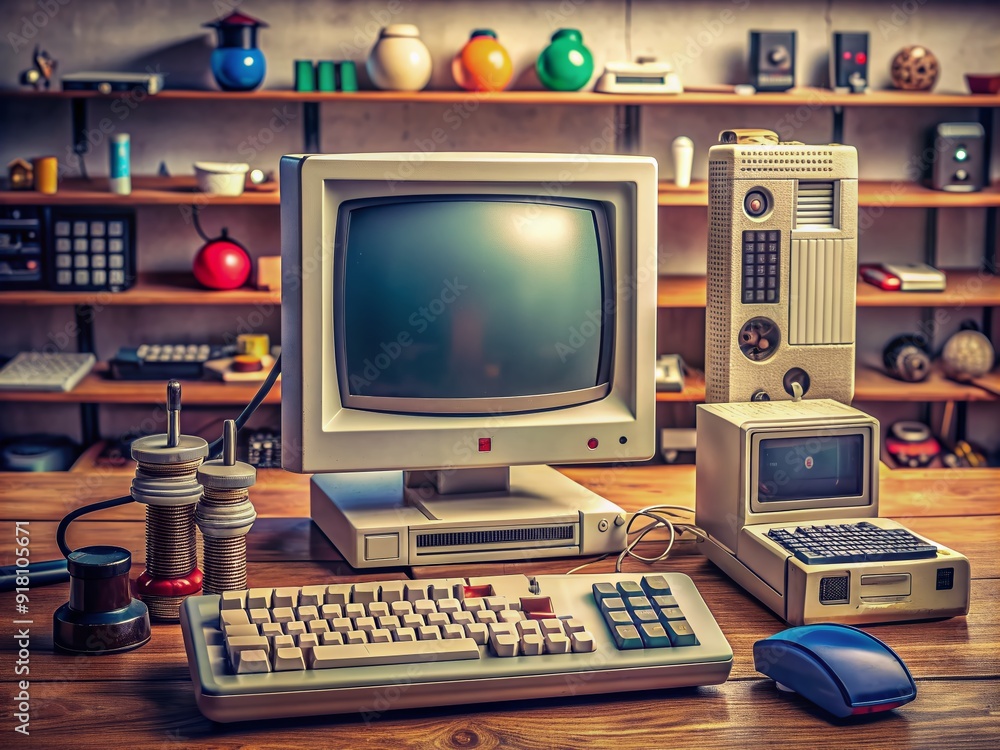 Retro desktop setup with old monitor, keyboard, and mouse surrounded by ...