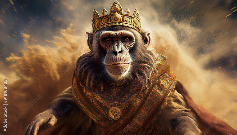 The monkey, wearing a royal robe and a grand crown, battles through a ...
