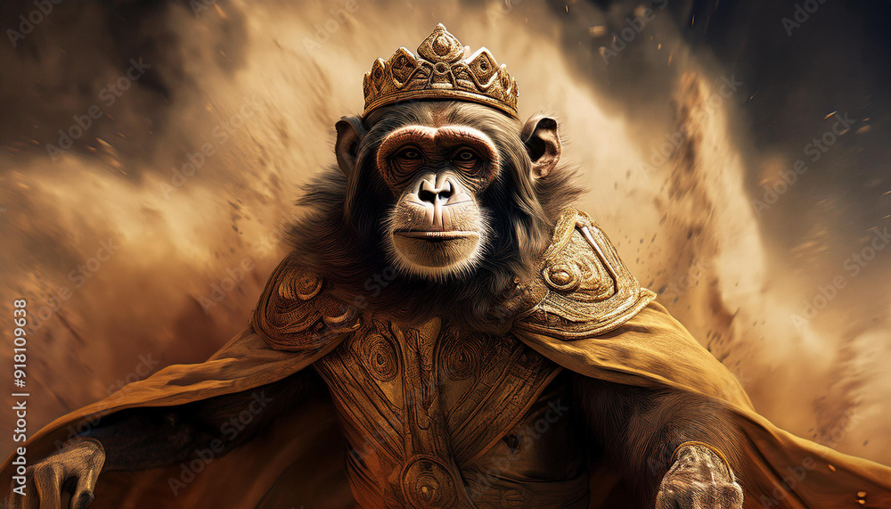 The monkey, wearing a royal robe and a grand crown, battles through a ...