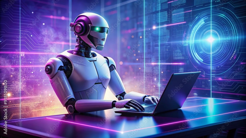 Friendly artificial intelligence robot sitting at a futuristic desk, using a laptop with a ...