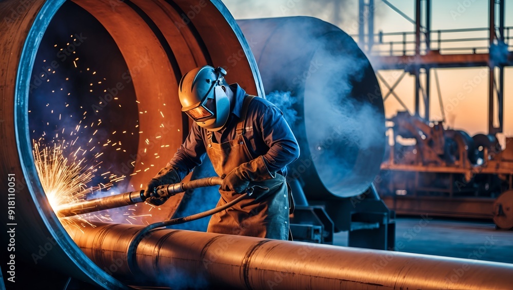 A dramatic, cinematic photograph of a heavy industry welder in action ...