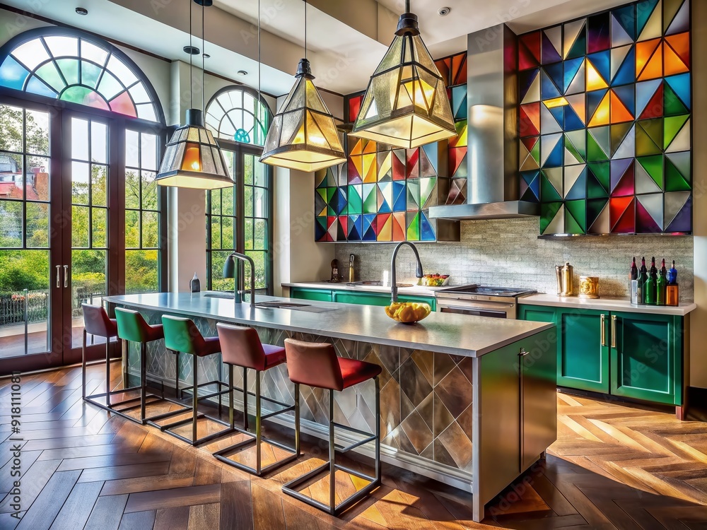 Vibrant cubist kitchen island with fractured geometric shapes, ornate ...