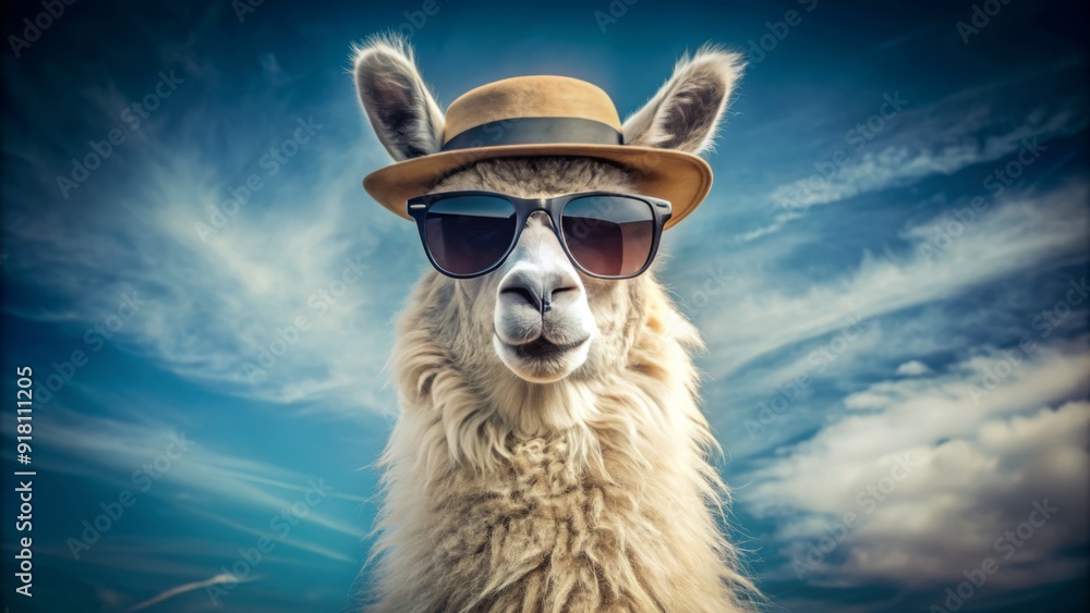 Amusing llama wearing sunglasses and a fedora hat stands upright on ...