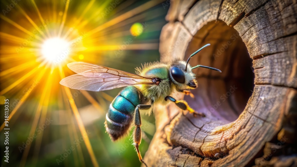 A solitary mason bee emerges from a hole in a sun-kissed wooden beam ...