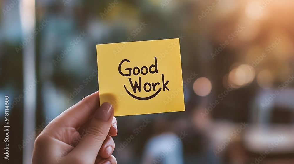 A word "Good Work" with a smiley face drawn on a yellow sticky notes ...