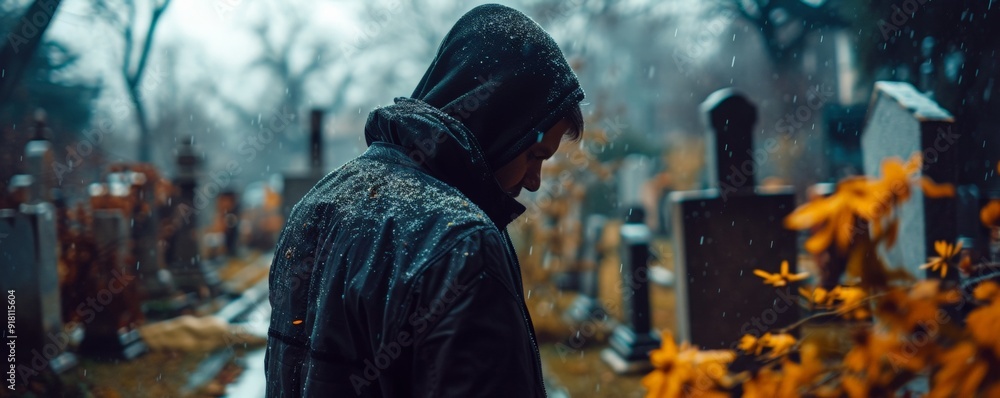 sad grieving man stands at the grave of a loved one in the cemetery on ...