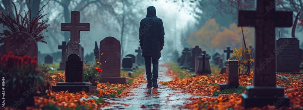 sad grieving man stands at the grave of a loved one in the cemetery on ...