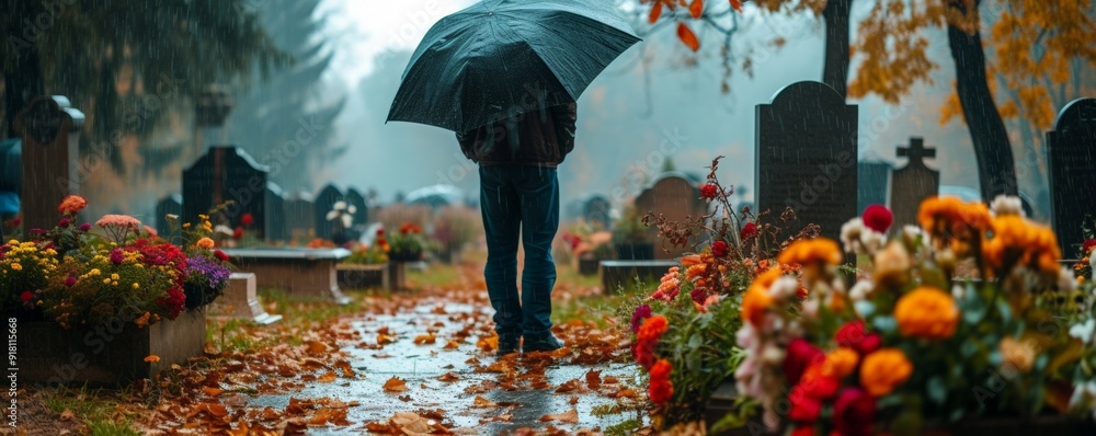 sad grieving man stands at the grave of a loved one in the cemetery on ...