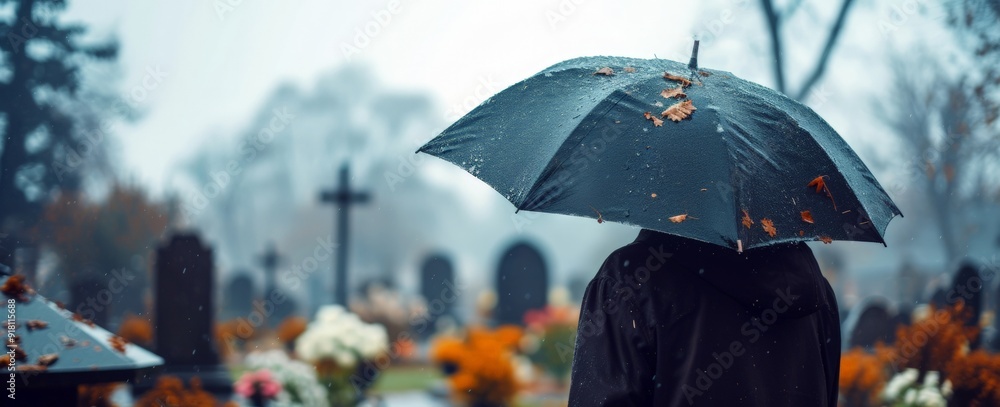 sad grieving man stands at the grave of a loved one in the cemetery on ...