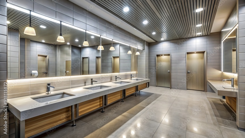 Clean and modern public restroom interior with stainless steel sinks ...