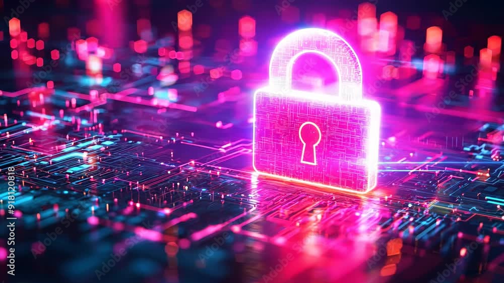 A glowing digital padlock symbol against a background of data streams and binary code ...