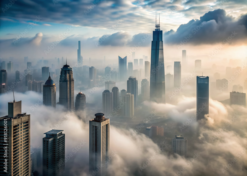 Thick grey fog of air pollution hovers over the cityscape, surrounding ...