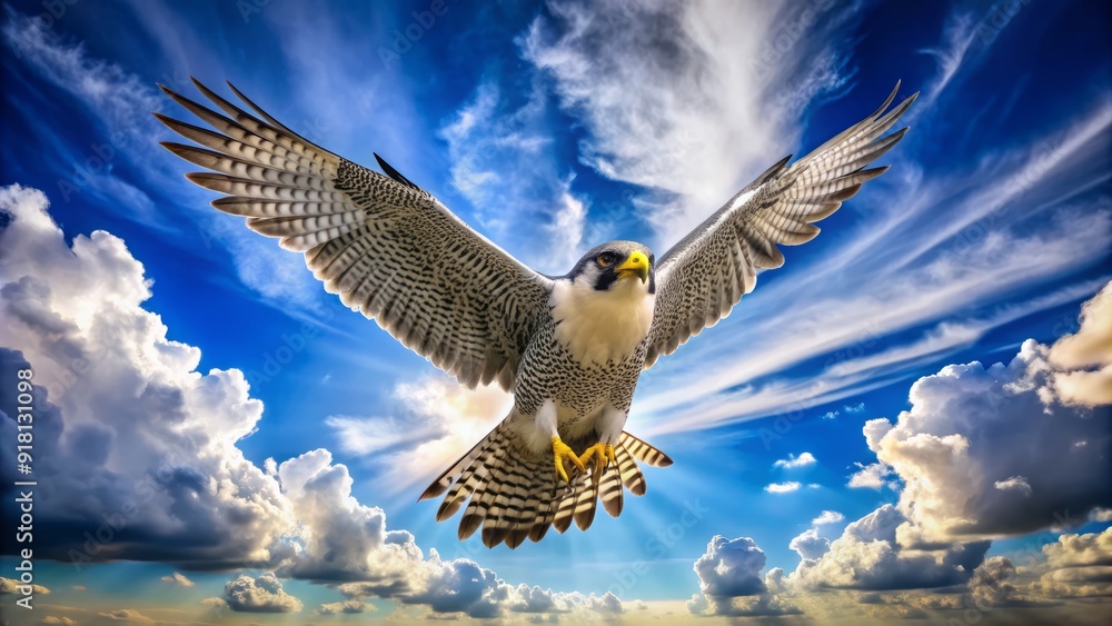 Majestic peregrine falcon in mid-air, wings outstretched, soaring ...
