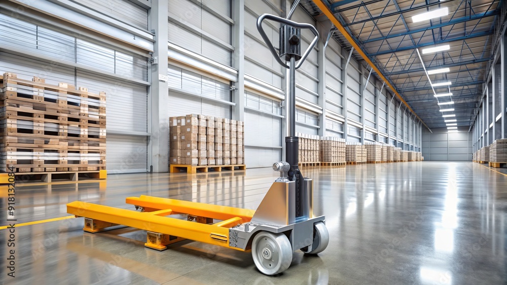 Metallic pallet jack with sturdy wheels and adjustable handle stands ...