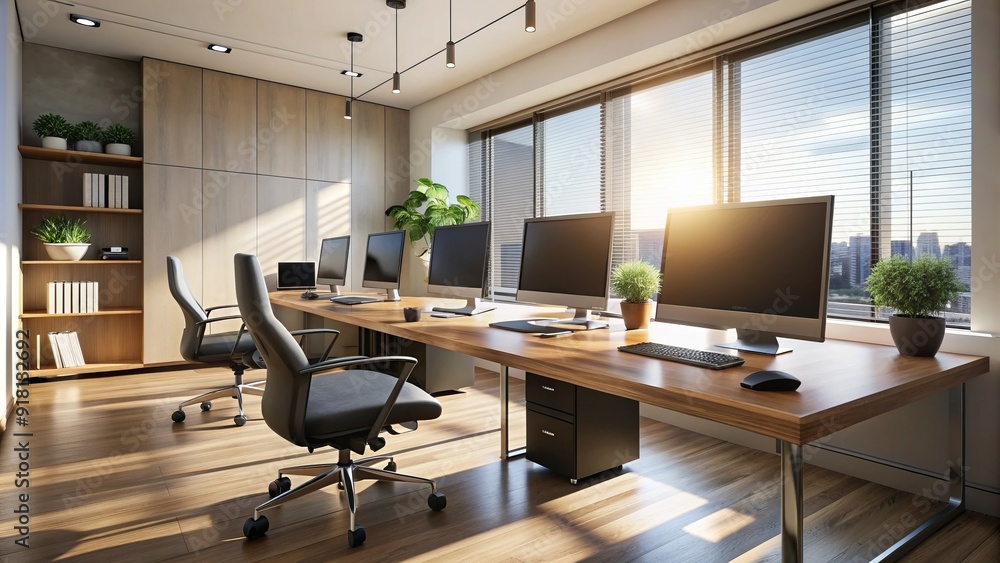 Modern computer room with sleek workstation, multiple monitors, and ...