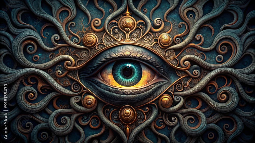 Ominous evil eye symbol with swirling spirals and piercing gaze, set ...