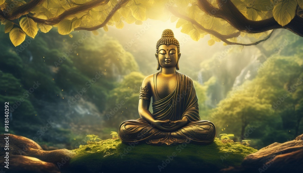 Mindfulness Scene- A Buddha figure meditating amidst nature, like under ...